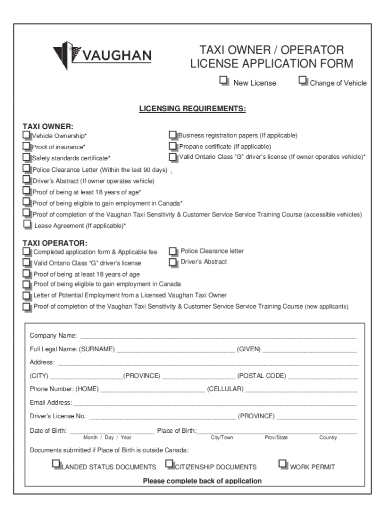 Fillable Online www.vaughan.caservicesresidentialTAXI OWNER / OPERATOR ...