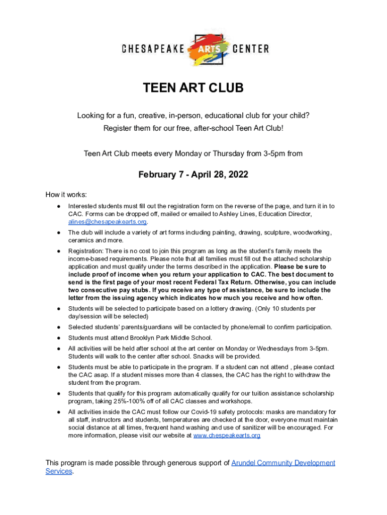 Fillable Online Teen Art Club Registration Form - Winter/Spring 2022 ...