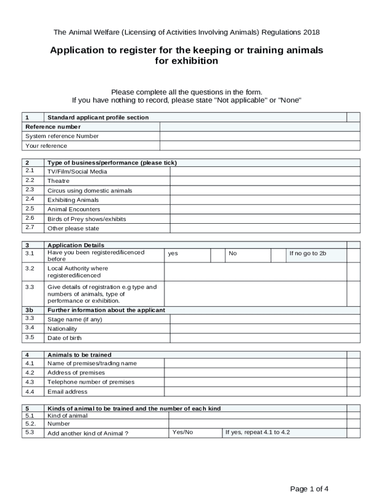 Keeping or training animals for exhibition application Doc Template | pdfFiller