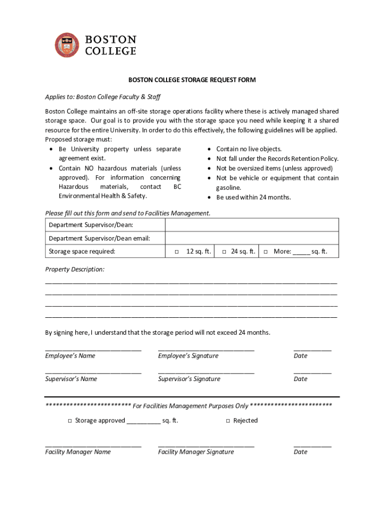 Fillable Online www.bc.educontentdamBOSTON COLLEGE STORAGE REQUEST FORM ...