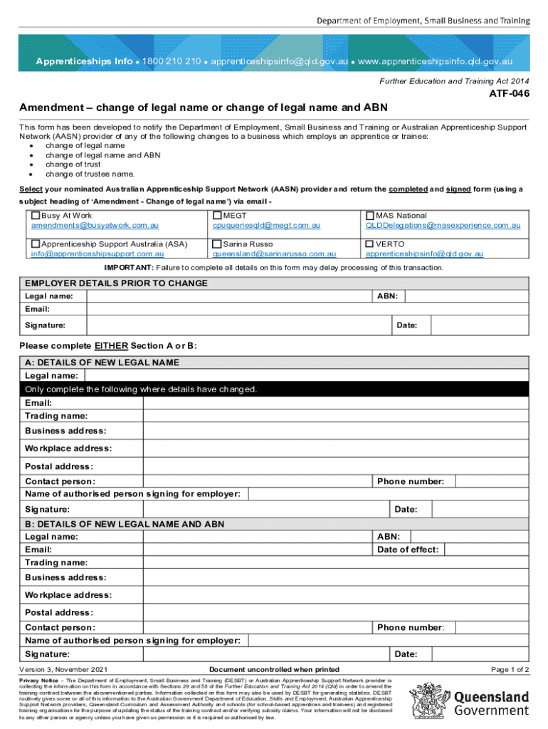 Fillable Online ATIS-046 Amendment - Change of legal name or change of ...