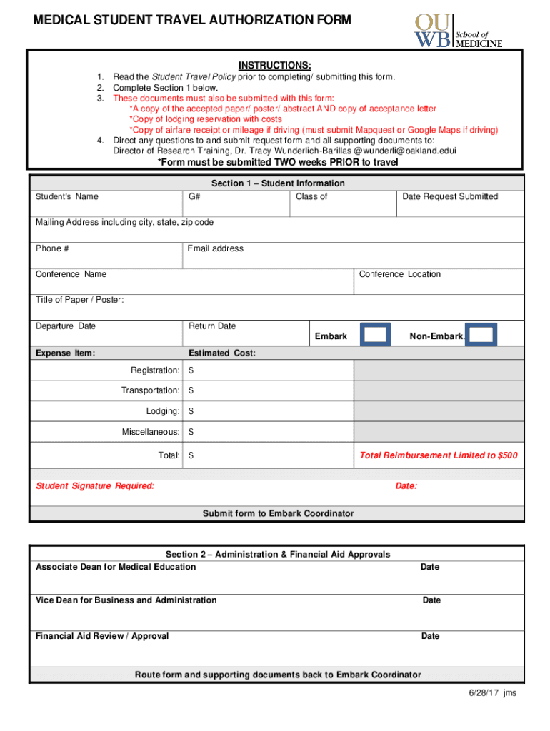 Fillable Online wwwp.oakland.eduAssetsOakland6.28.17 Medical Student Travel Authorization Form ...