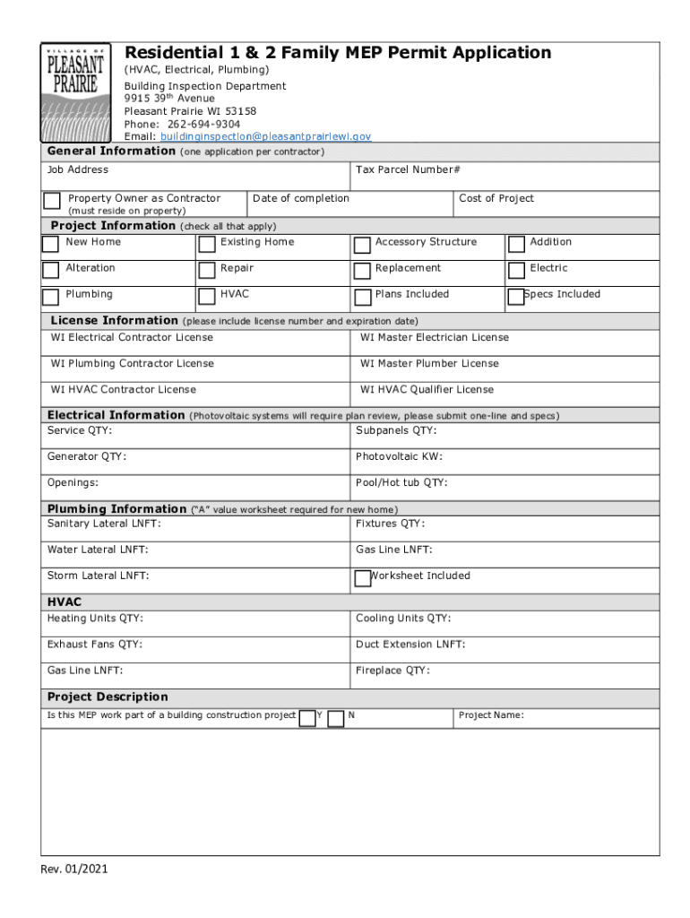 Fillable Online Residential 1 & 2 Family MEP Permit Application ...