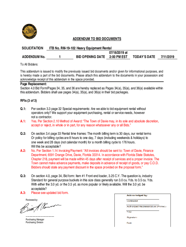 Fillable Online www.davie-fl.govDocumentCenterViewADDENDUM TO BID ...