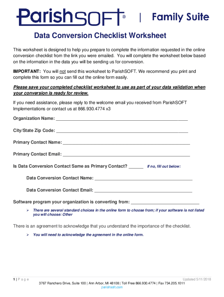 Fillable Online support.parishsoft.comhcen-usIMP FS Conversion: Data Conversion Checklist ...