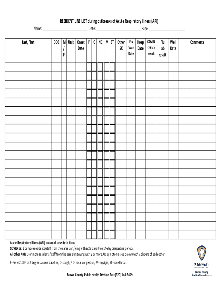 Fillable Online RESIDENT LINE LIST during outbreaks of Acute ...