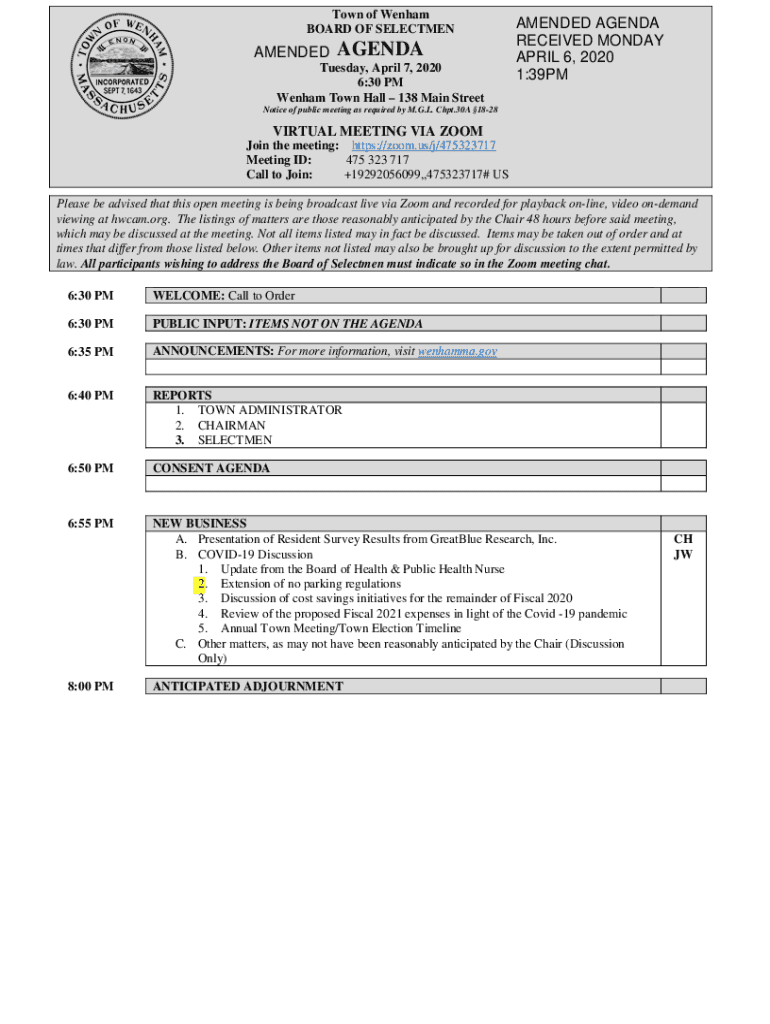 Fillable Online cms4files1.revize.comwenhammaBOS MeetingBOARD OF SELECTMEN AGENDA - Welcome to ...
