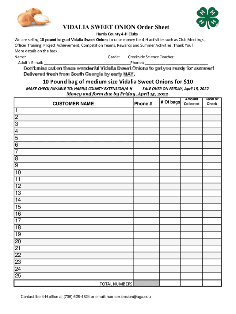 Fillable Online VIDALIA SWEET ONION Order Sheet Fax Email Print - pdfFiller