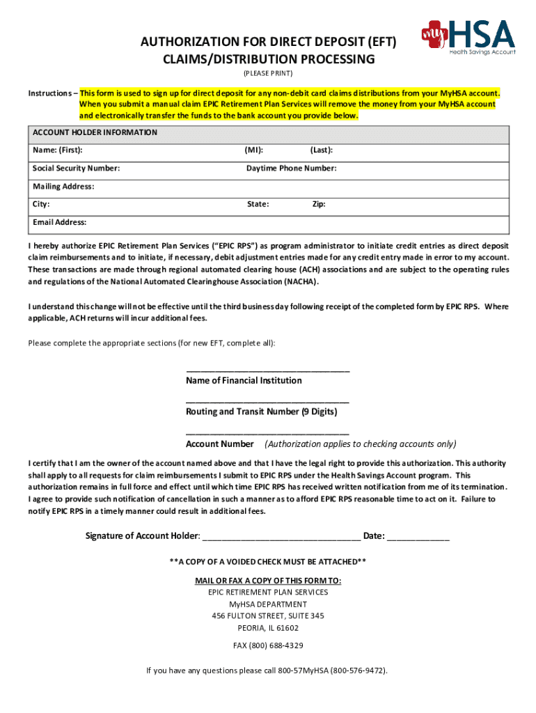 Fillable Online MyHSA Direct Deposit Authorization (Claims) Form EPIC 2-28-20 Fax Email Print ...