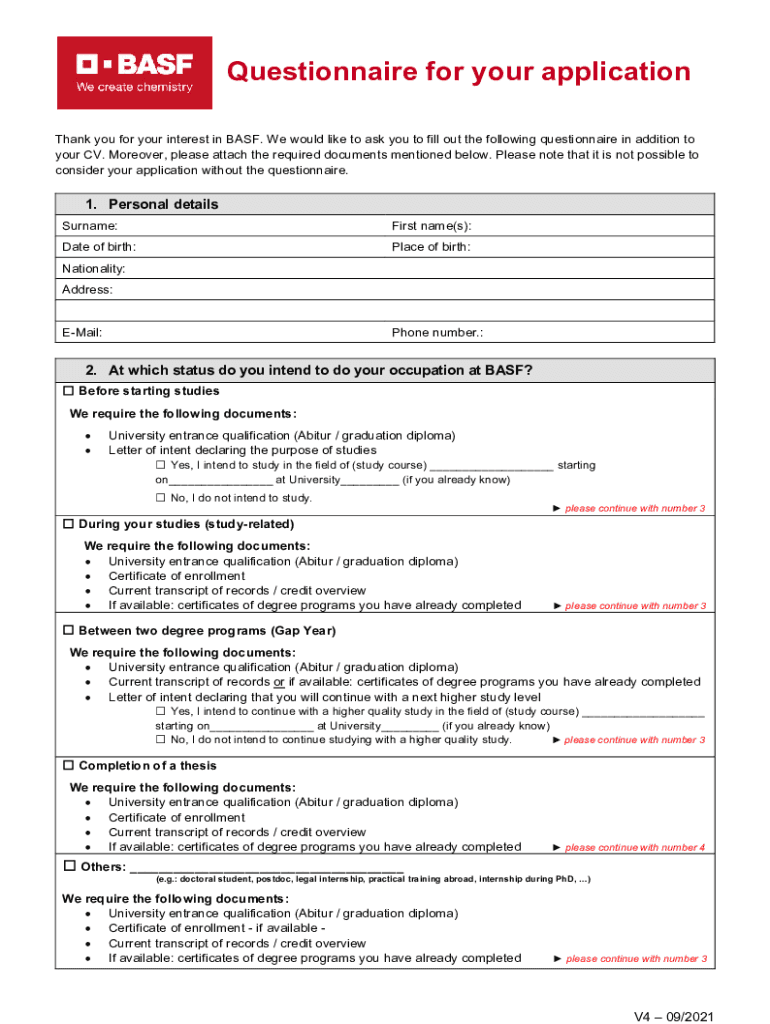 Fillable Online www.basf.com global documentsQuestionnaire for your ...