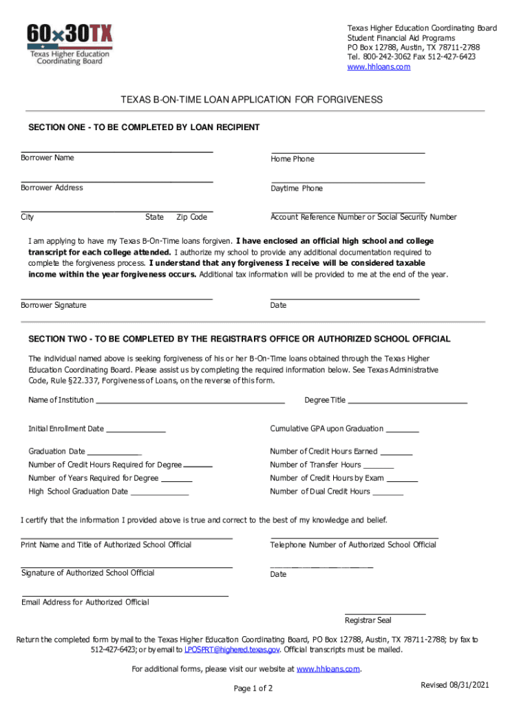 Fillable Online Texas B-On-Time Loan Application for Forgiveness Fax ...