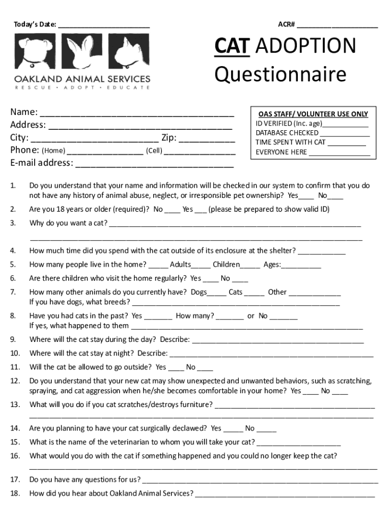 Fillable Online Cat adoption questionnaire - HomeLucky Dog Animal ...