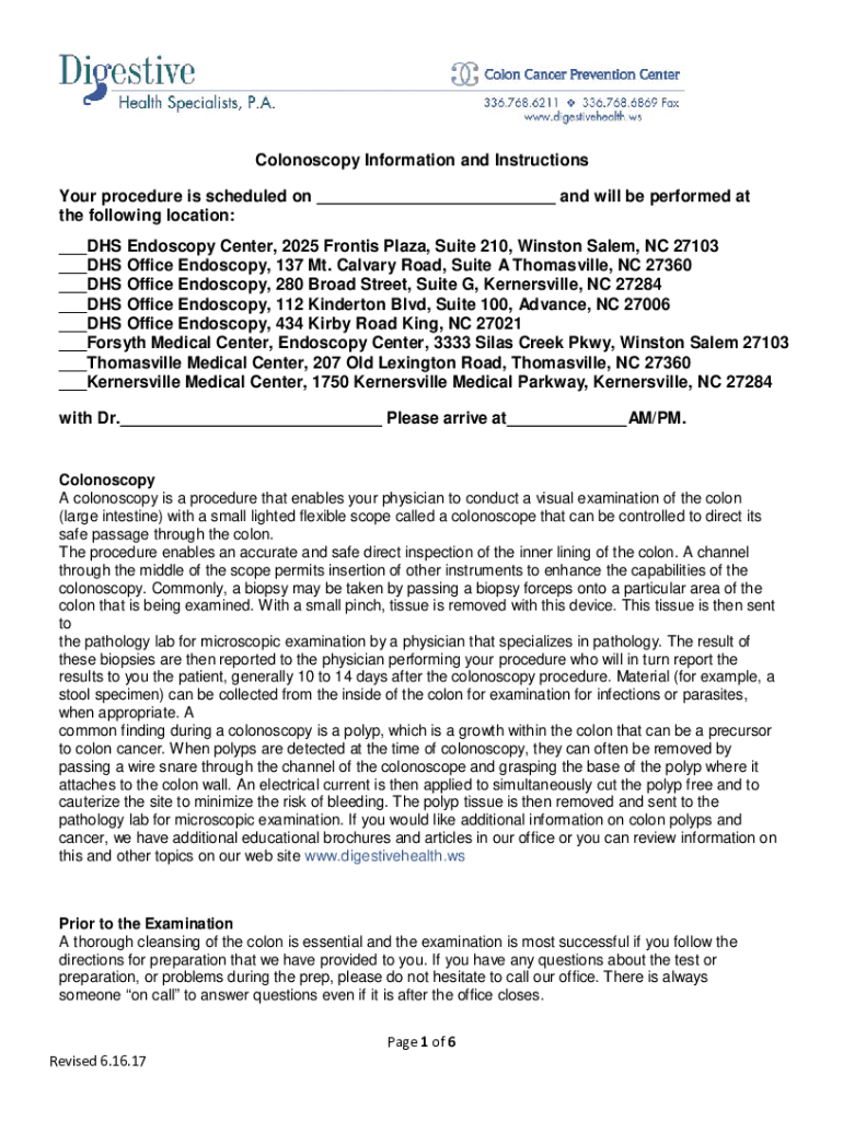 Fillable Online Colonoscopy Information and Instructions and will be ...