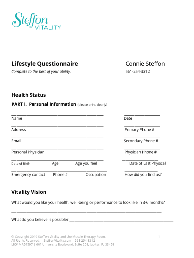 Fillable Online Lifestyle Questionnaire - Institute of Personal ...