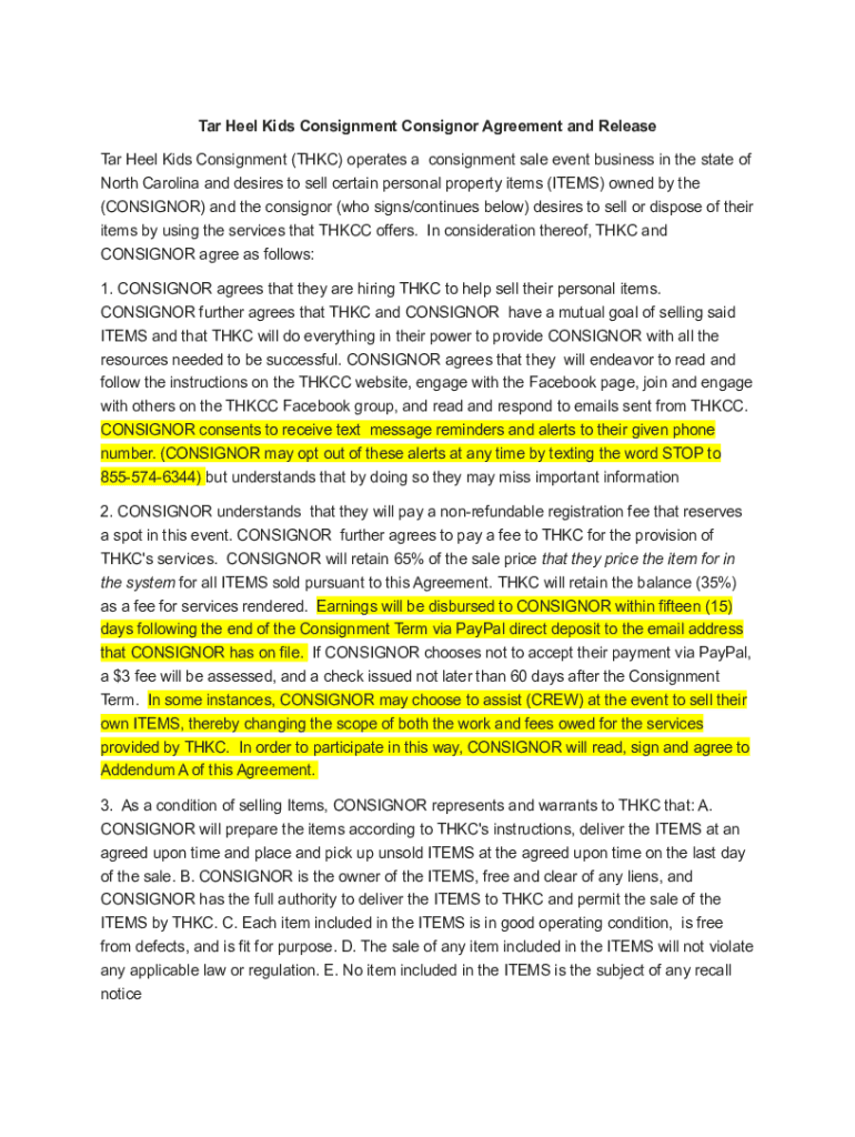Fillable Online Tar Heel Kids Consignment Consignor Agreement and Release Fax Email Print ...