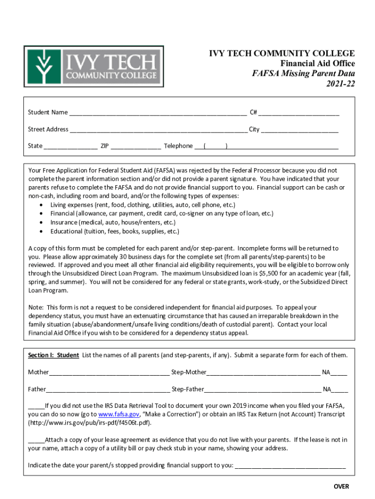 Fillable Online FAFSA Missing Parent Info form - Ivy Tech Community ...