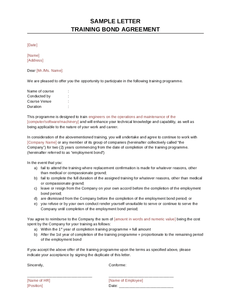 Training Bond Agreement Letter. sample letter template training bond ...