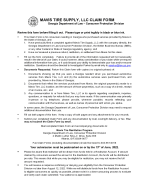 Fillable Online law georgia MAVIS TIRE SUPPLY, LLC CLAIM FORM Fax Email ...