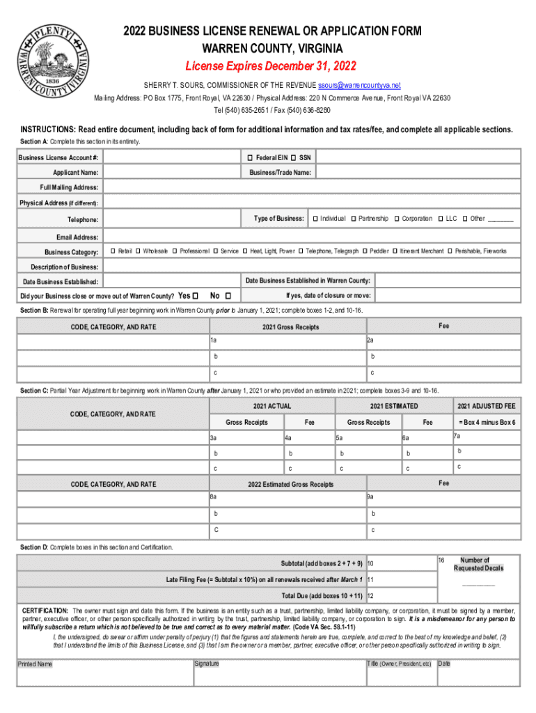 Fillable Online 2022 BUSINESS LICENSE RENEWAL OR APPLICATION FORM ...
