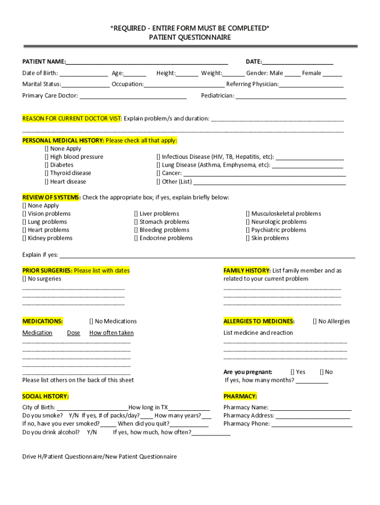 Fillable Online PATIENT QUESTIONNAIRE Fax Email Print - pdfFiller
