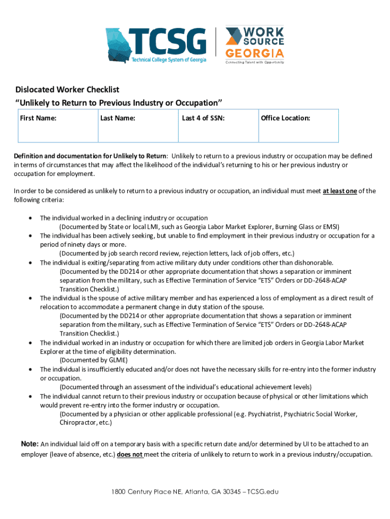 Fillable Online Dislocated Worker Worksheet Unlikely to Return to Previous ... Fax Email Print ...