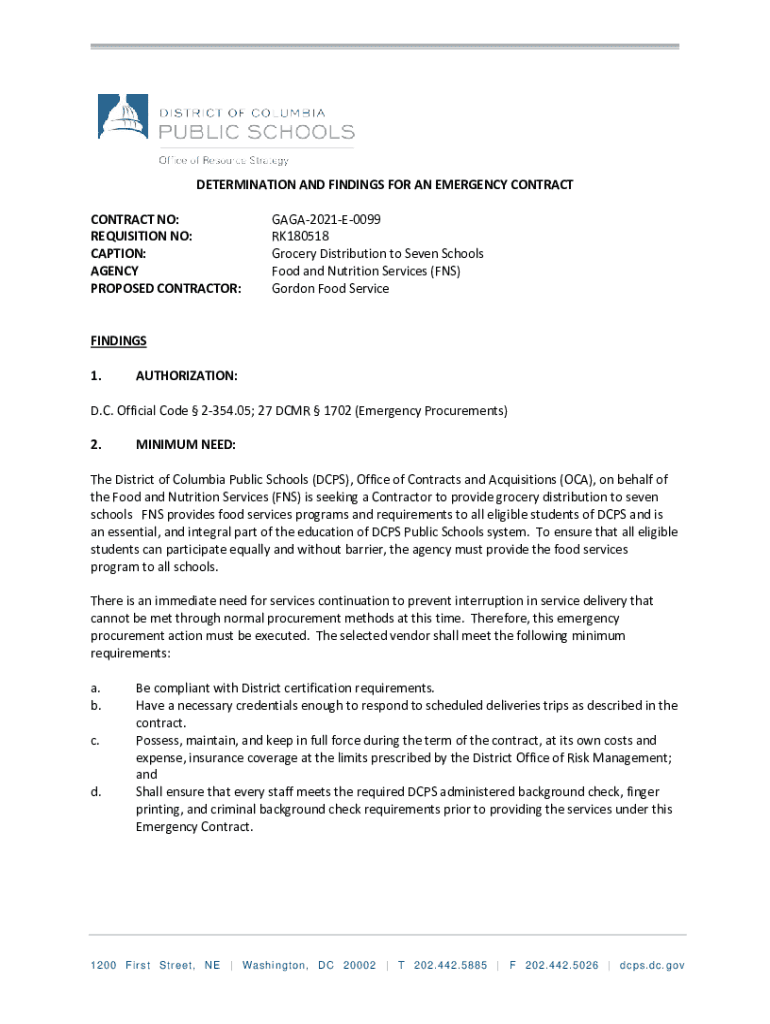Fillable Online dcps dc DETERMINATION AND FINDINGS FOR AN EMERGENCY ... Fax Email Print - pdfFiller
