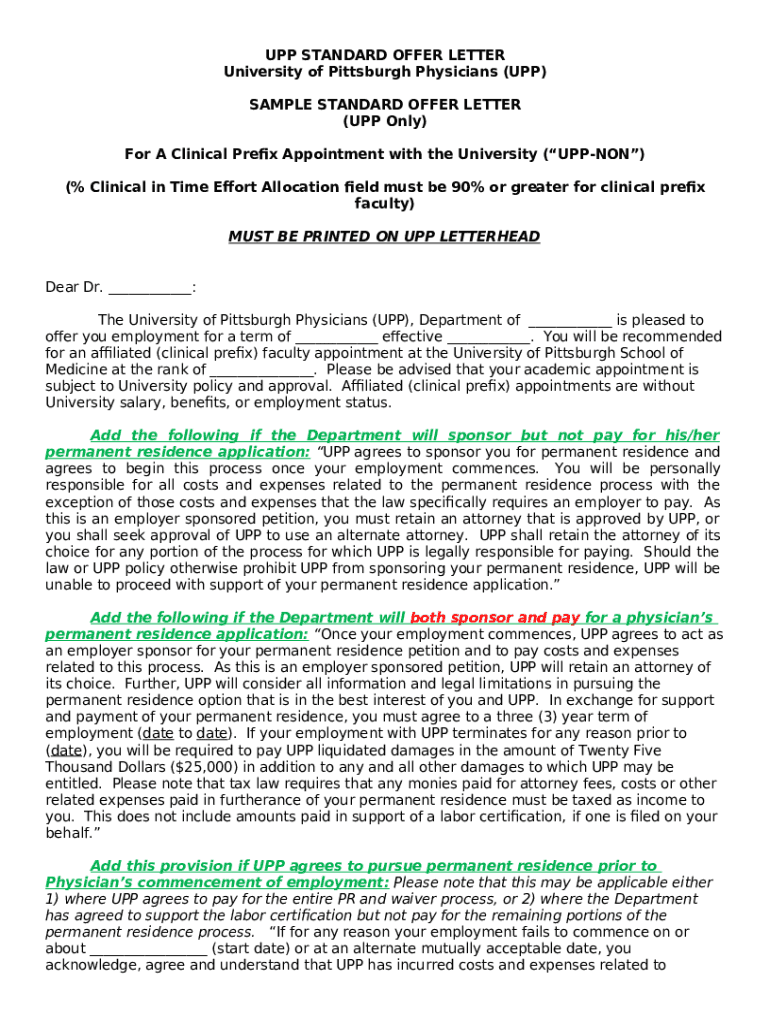 www.pdffiller.com426314731--UPP-STANDARD-OFFERUPP STANDARD OFFER LETTER Doc TemplatepdfFiller ...