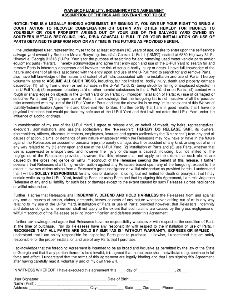 Fillable Online WAIVER OF LIABILITY; INDEMNIFICATION AGREEMENT Fax Email Print - pdfFiller