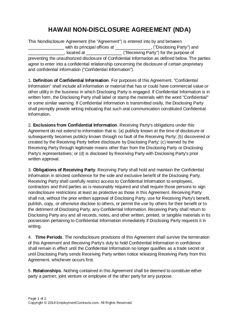 Hawaii Non-Disclosure Agreement (NDA) Doc Template | pdfFiller