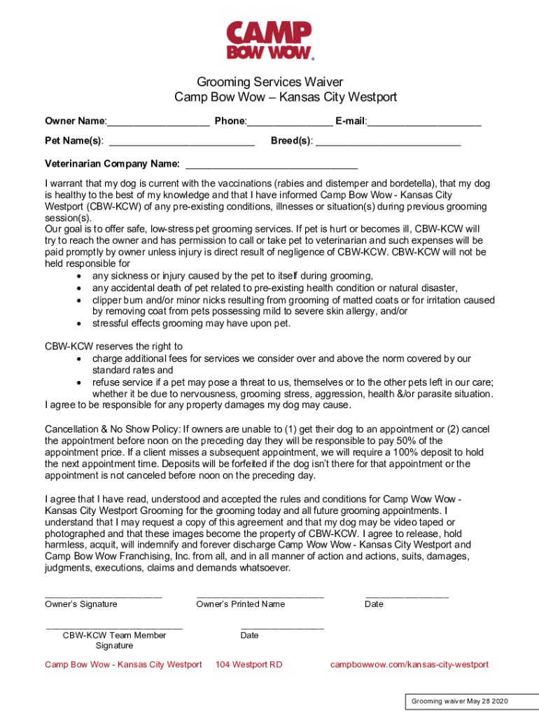 Fillable Online www.campbowwow.comdocumentsGrooming-waiver-CBWGrooming ...