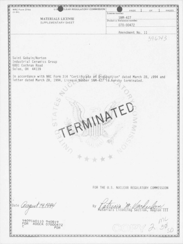 Fillable Online www.nrc.govdocsML1132NRC FORM 374 PAGE U.S. NUC LEAR ...