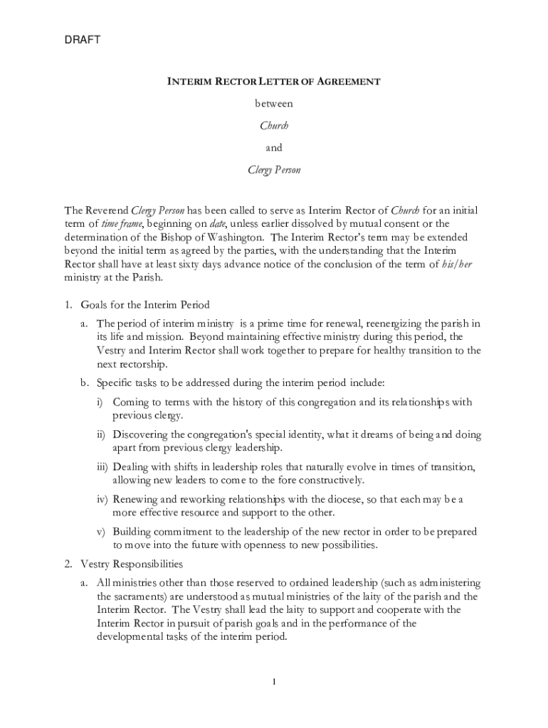 Fillable Online diocal.orgletterofagreementforrectorModel Letter of Agreement Among (Church ...