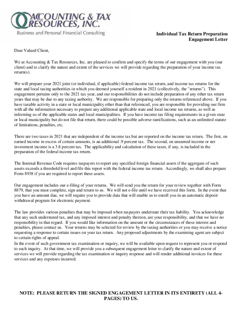 Fillable Online Sample Personal Tax Return Engagement Letter - Markel ...
