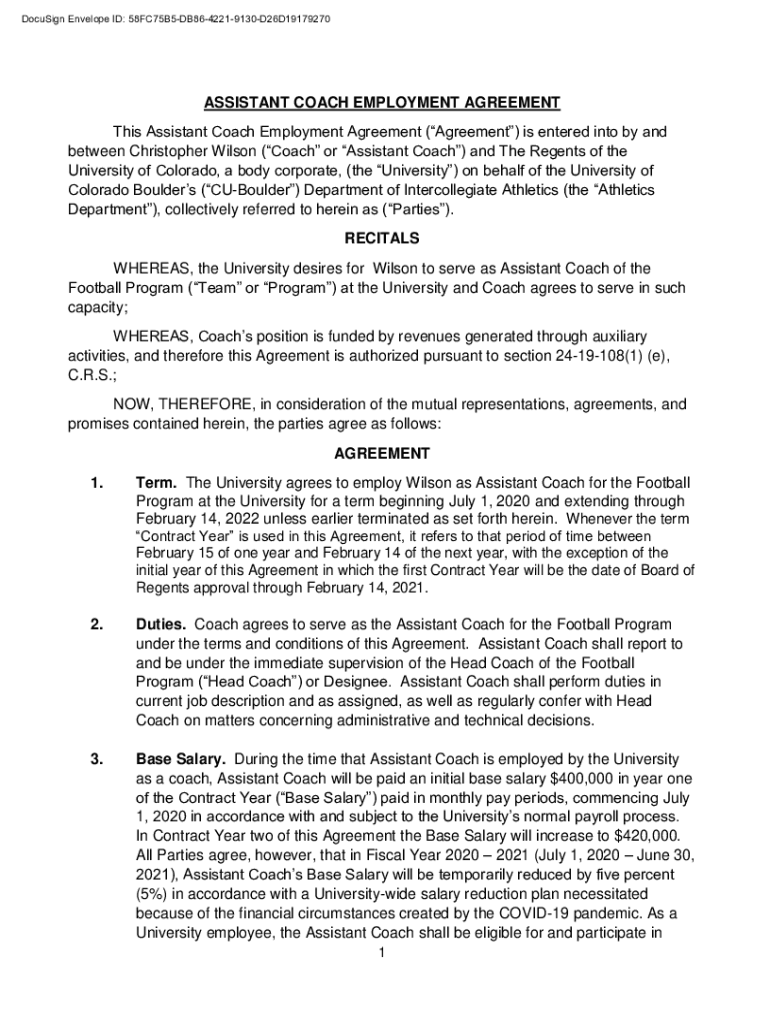 Fillable Online www.boarddocs.com co cuASSISTANT COACH EMPLOYMENT AGREEMENT RECITALS - boarddocs ...