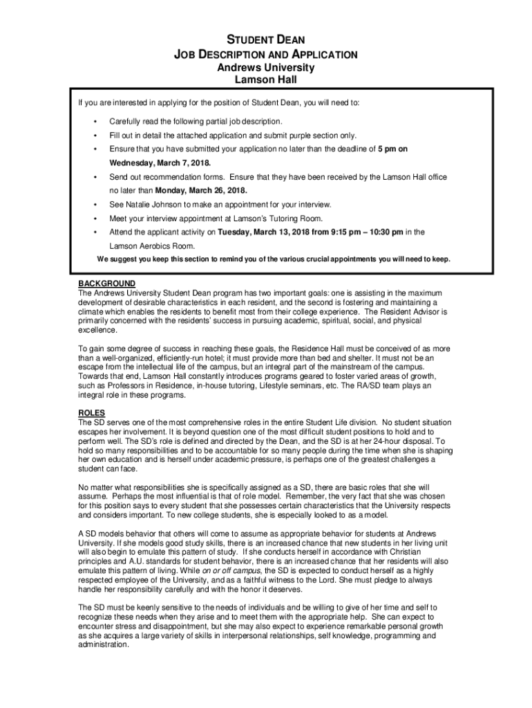 Fillable Online STUDENT DEAN JOB DESCRIPTION AND APPLICATION ... Fax Email Print - pdfFiller