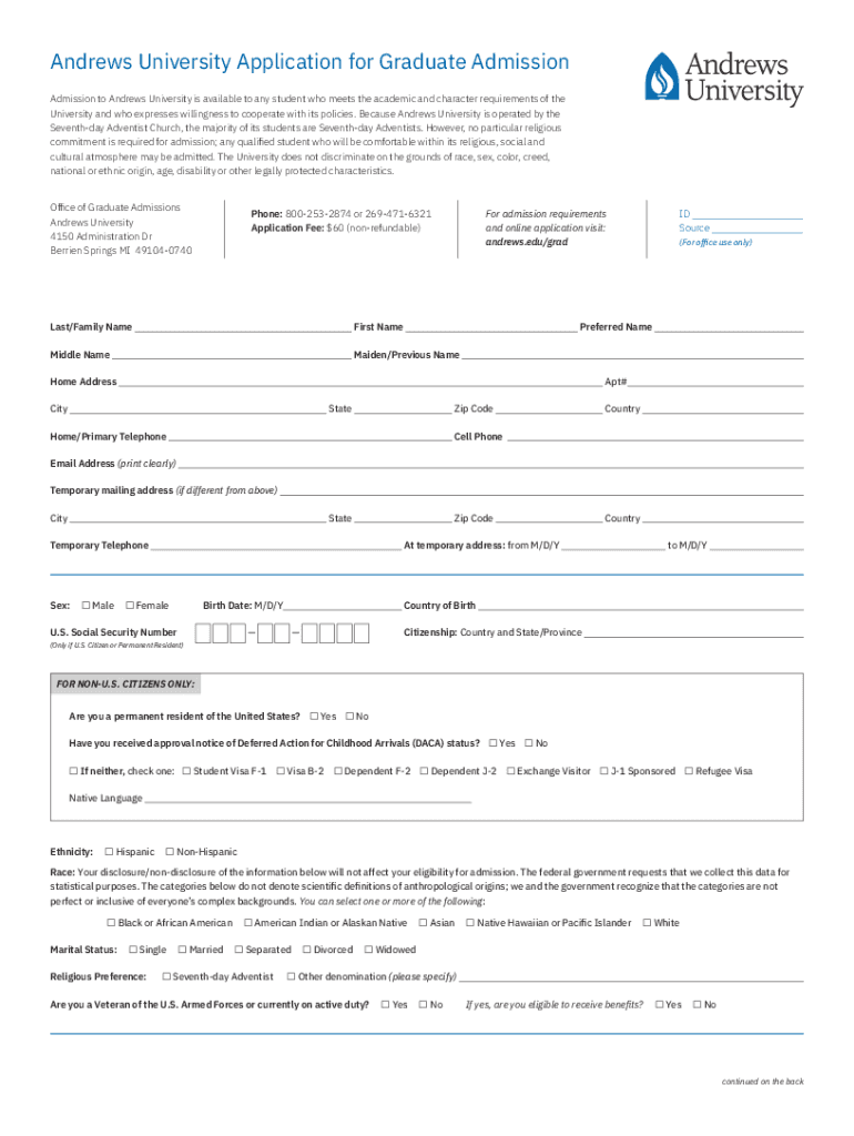 Fillable Online Andrews University Application for Graduate Admission ...