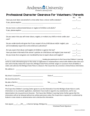 Fillable Online Professional Character Clearance For Volunteers / Fax ...