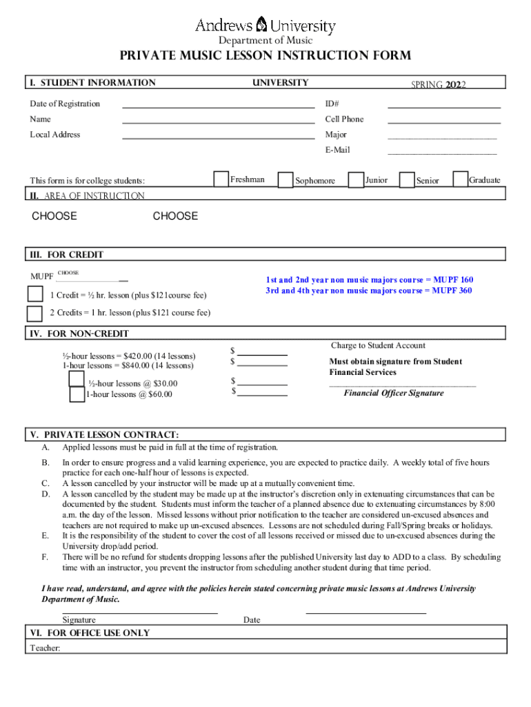 Fillable Online Department of Music PRIVATE MUSIC LESSON INSTRUCTION ...