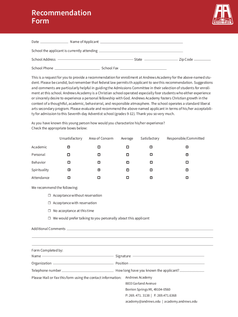 Fillable Online Fill - Free fillable Recommendation Form Name of ...
