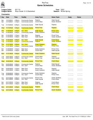 Fillable Online RecTrac League Schedule - Charleston, SC Fax Email ...