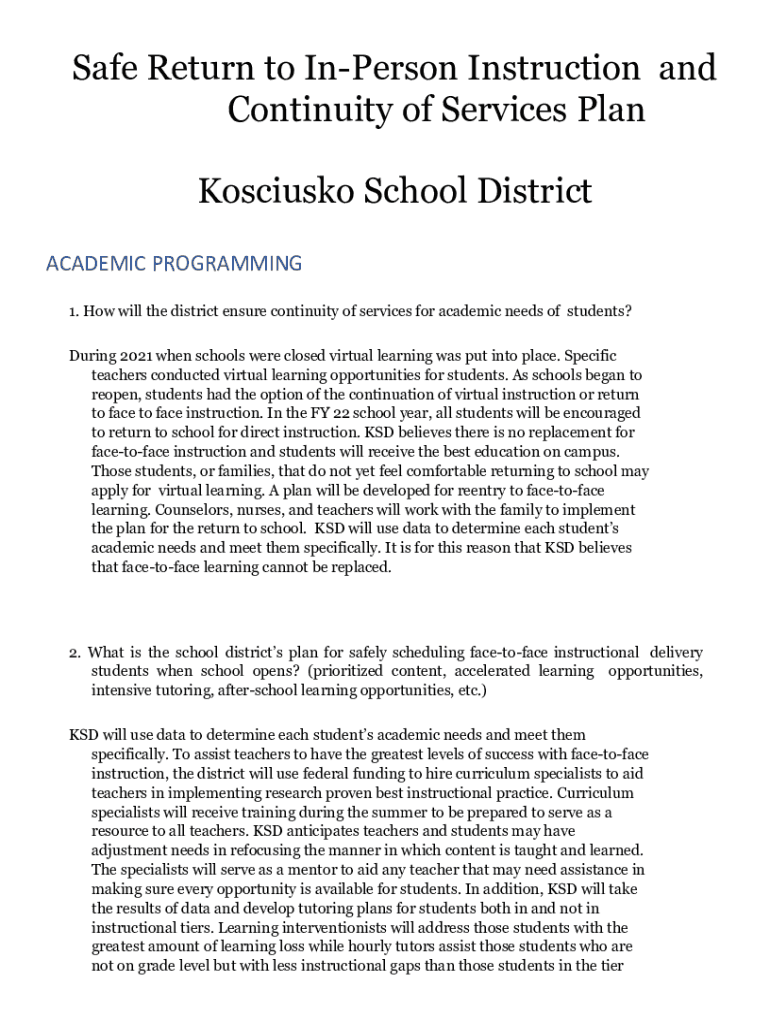 Fillable Online Safe Return to In-Person Instructionand Continuity of ...