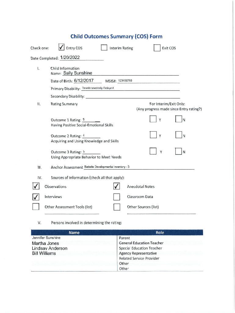 Fillable Online Child Outcomes Summary (COS) Process: Form and ...