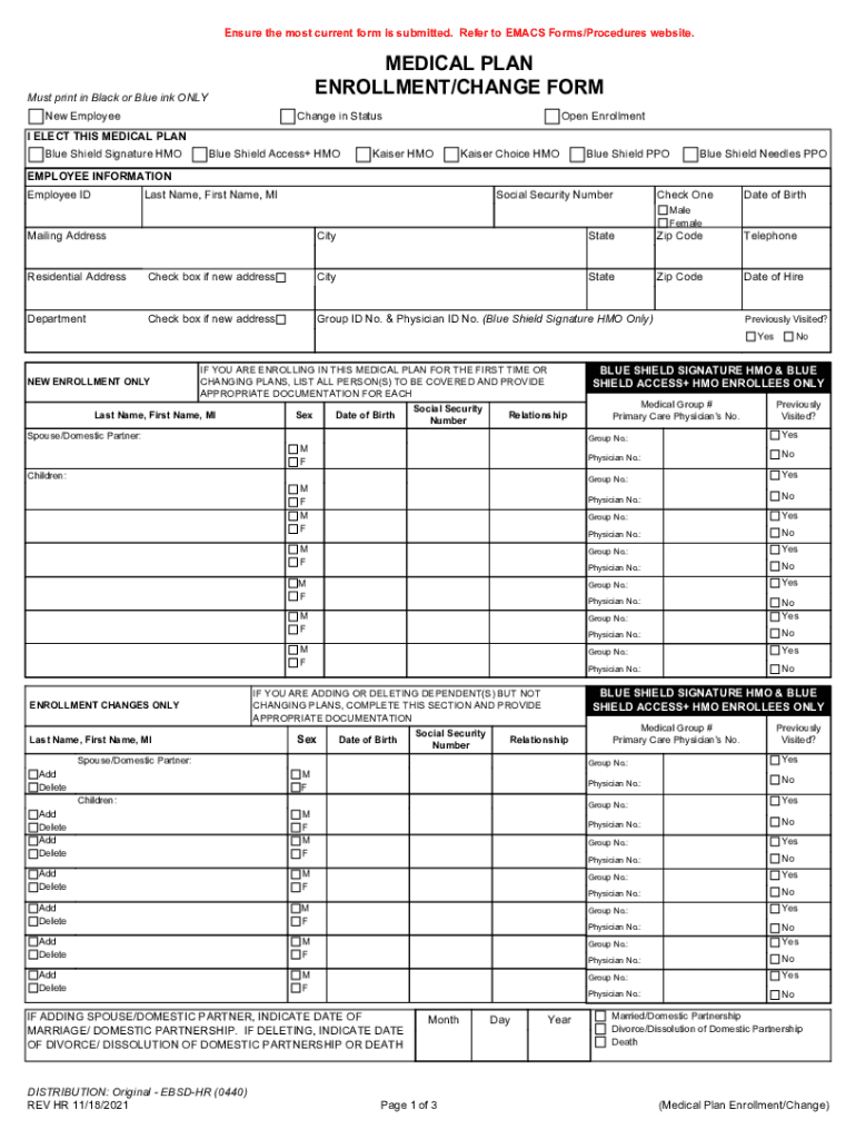 Fillable Online MEDICAL PLAN ENROLLMENT/CHANGE FORM - San Bernardino ...