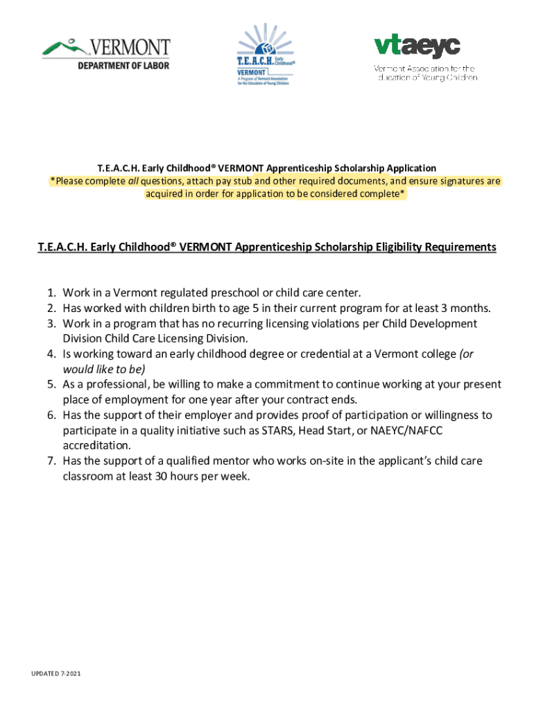 Fillable Online PDF TEACH Early Childhood VERMONT Apprenticeship Scholarship ... Fax Email Print ...
