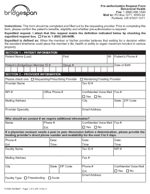 Fillable Online 2019 BridgeSpan Health Pre-Authorization Request Form ...