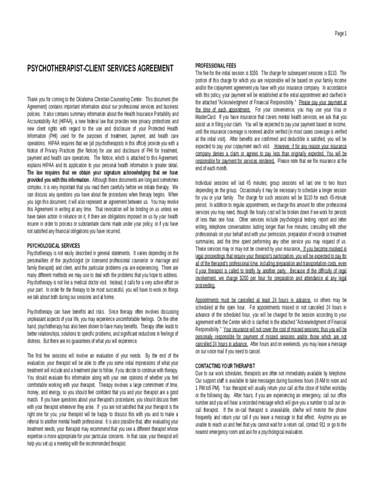 PSYCHOTHERAPIST-CLIENT SERVICES AGREEMENT Doc Template | pdfFiller