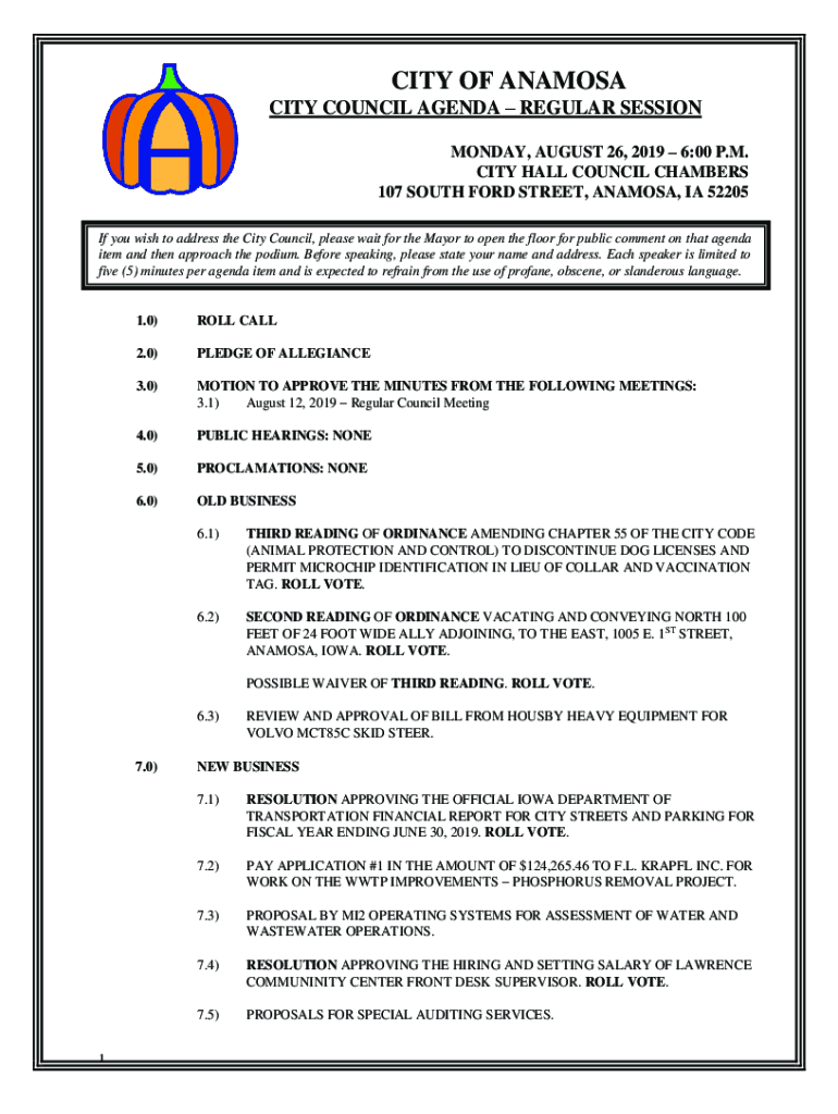 Fillable Online cms9files.revize.comanamosaDocumentCenterCITY COUNCIL AGENDA REGULAR SESSION Fax ...
