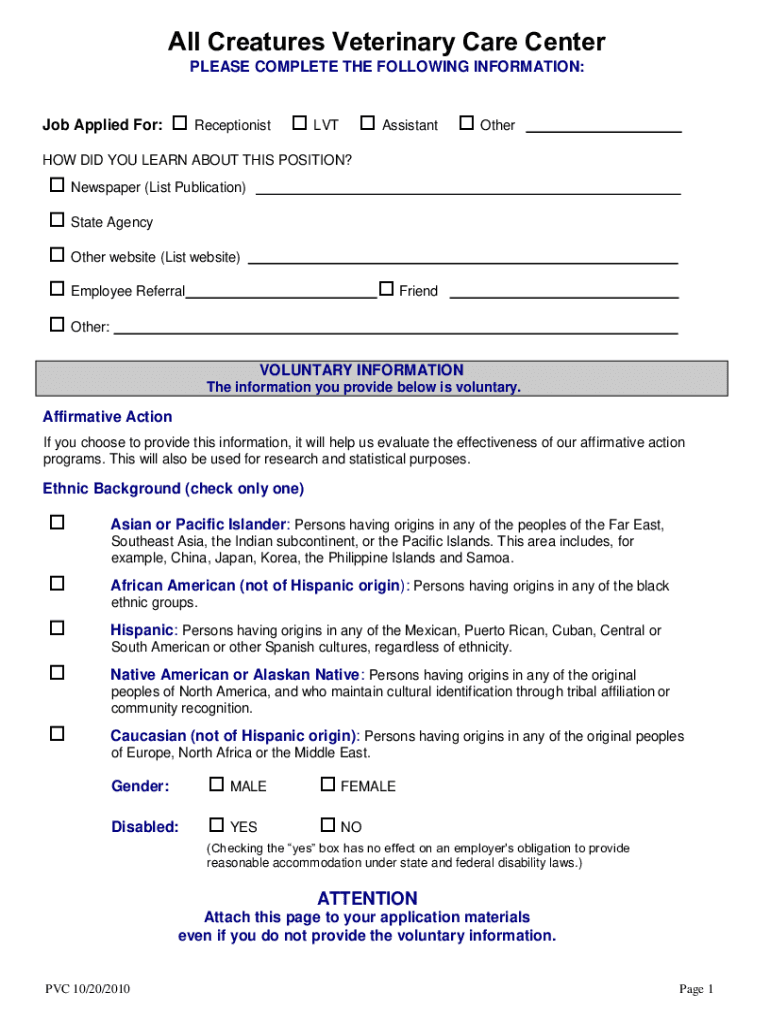 Fillable Online All Creatures Veterinary Care Center - Employment ...