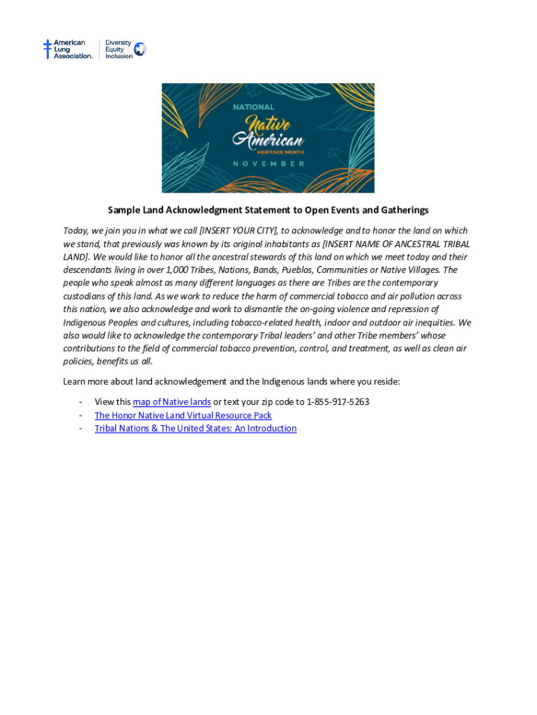 Fillable Online Sample Land Acknowledgment Statement to Open Events and ...