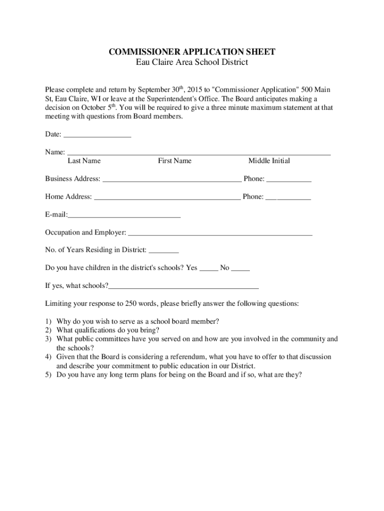 Fillable Online COMMISSIONER APPLICATION SHEET Eau Claire Area School ...